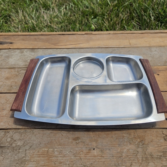hong kong | Kitchen | Vintage Mcm Stainless Steel Dinner Tray Teak Wood ...